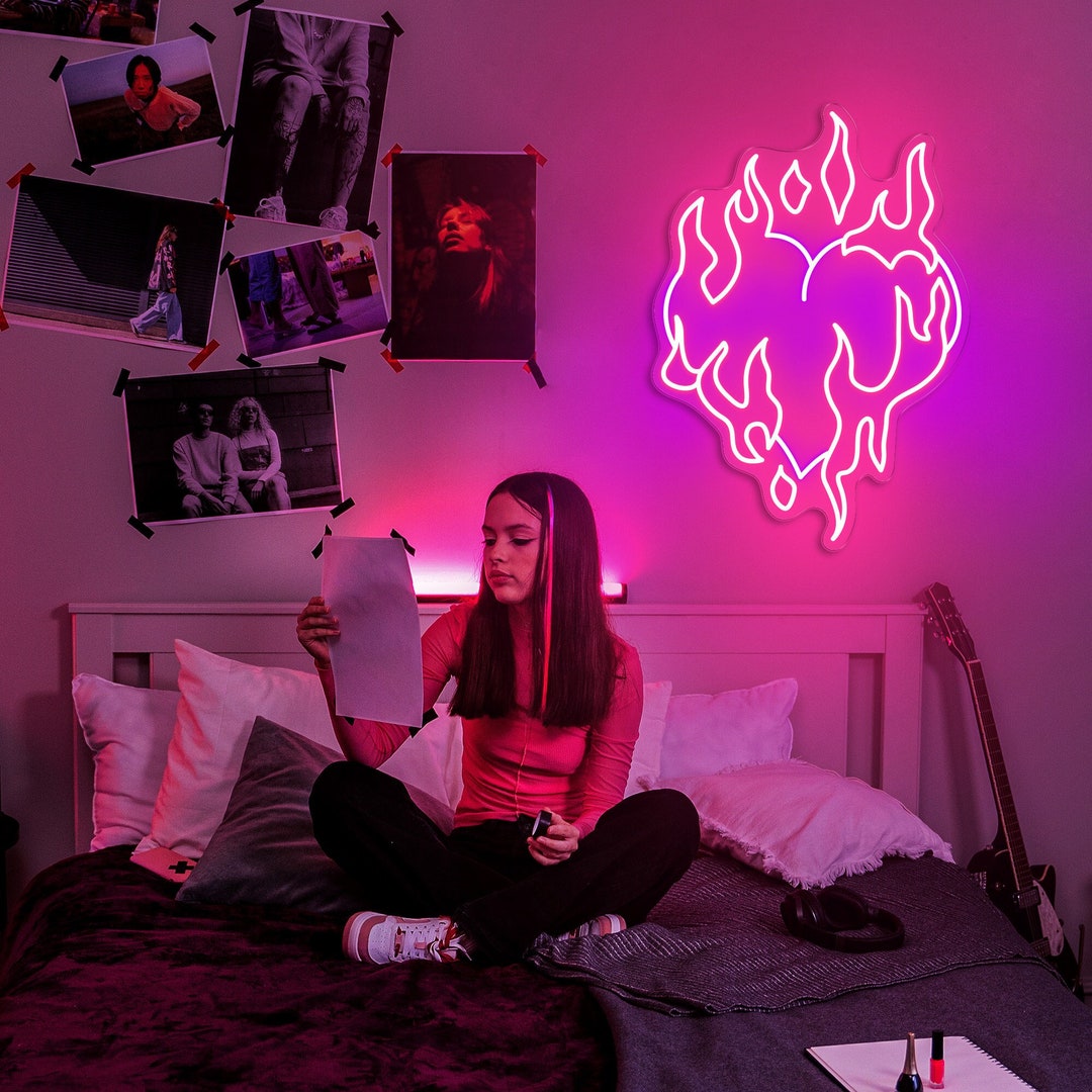 Custom Fire Heart Neon Sign Heart Fire LED Light Burning Heart Neon ...