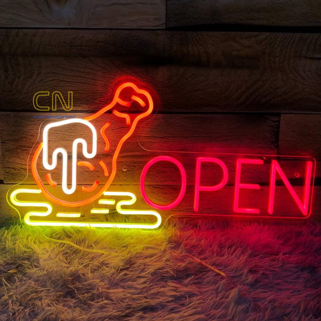 Open Chicken Thighs, Custom Neon Sign, Chicken Restaurant Sign, Open ...