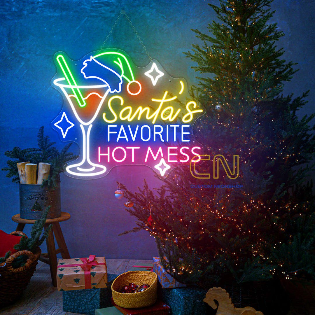 Santa's Hot Mess Neon Sign, Funny Drinking Led Sign, Santa Claus ...