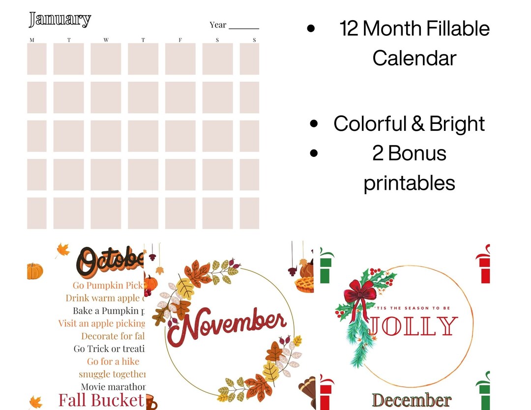 PLANNER FILLABLE CALENDAR Printable Calendar 12 Month Aesthetic ...