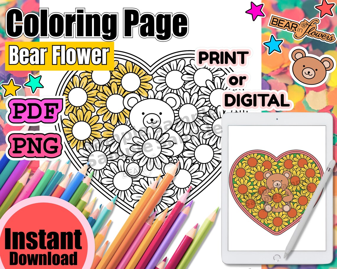 Coloring Page Cute Bear in Flower Coloring Page Printable Coloring Page ...