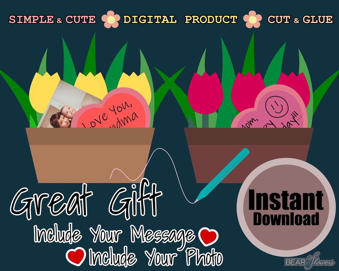 Mother Day Flower Craft Card Tulip DIY Paper Craft Printable Greeting ...