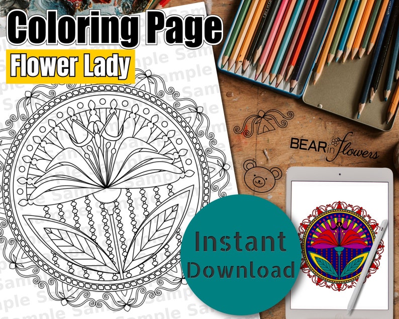 Coloring Flower Coloring Page Printable Coloring Page Stress Relief ...