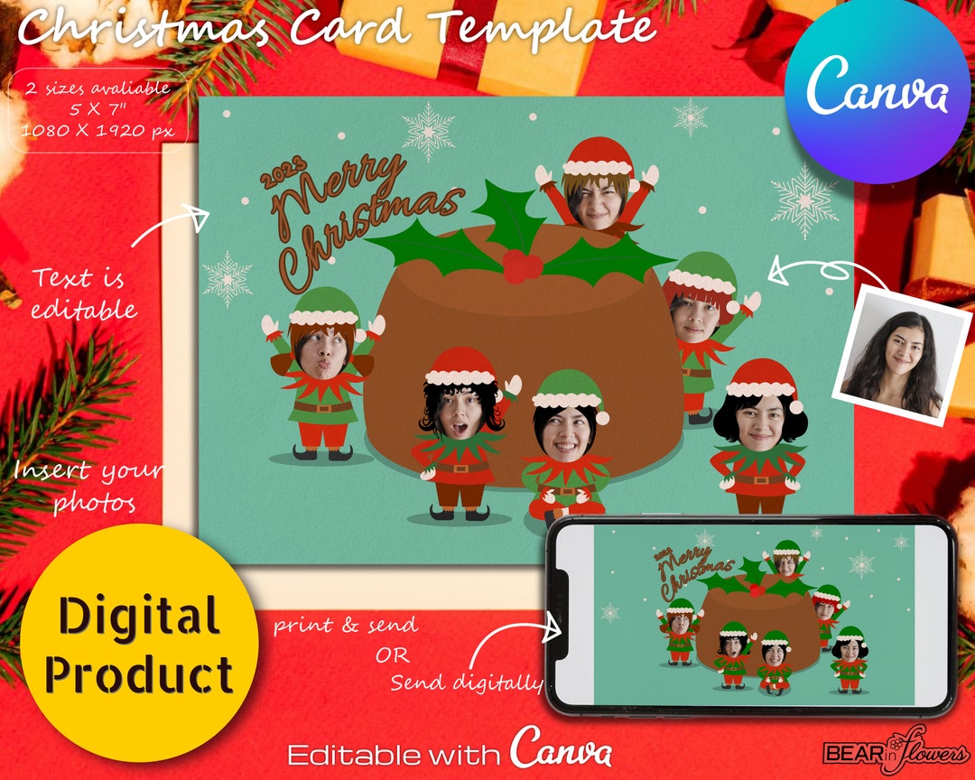 Christmas Card Elf Face Template Canva Christmas Card Photo Funny ...