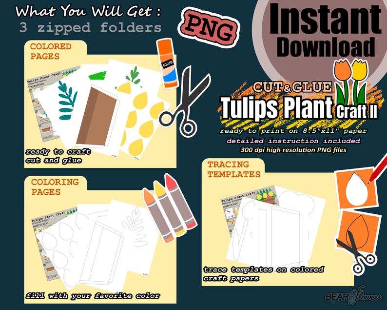 Mother Day Flower Craft Card Tulip DIY Paper Craft Printable - Etsy