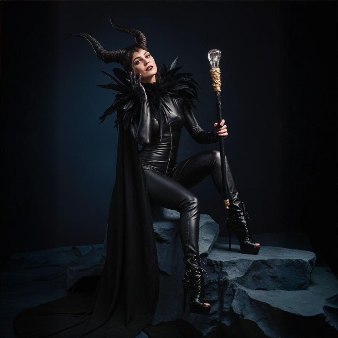 Black Evil Witch Feather Cape Shawl With Horns Headband Costume, Evil ...