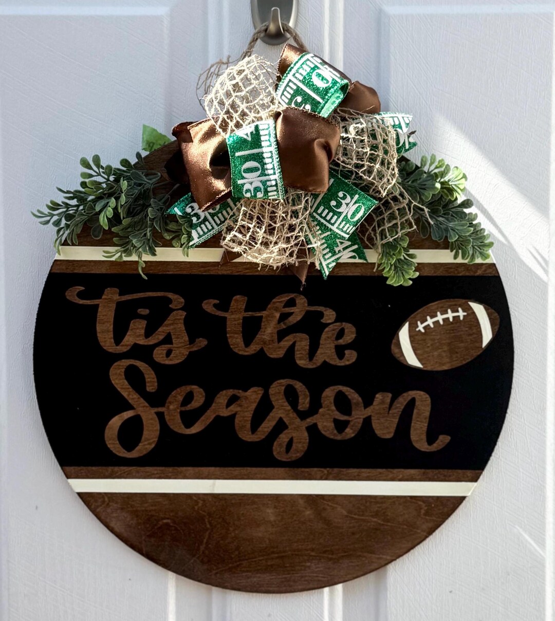 Tis the Season Football Door Hanger | Rustic Round Wood Sign With Bow ...