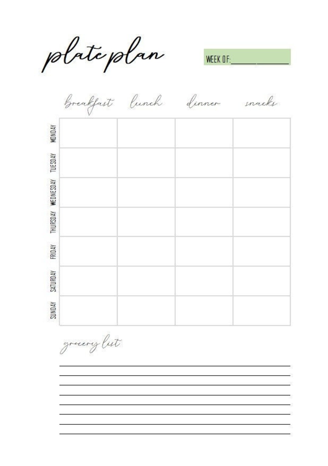 Plate Plan Weekly Meal Planner Download - Etsy