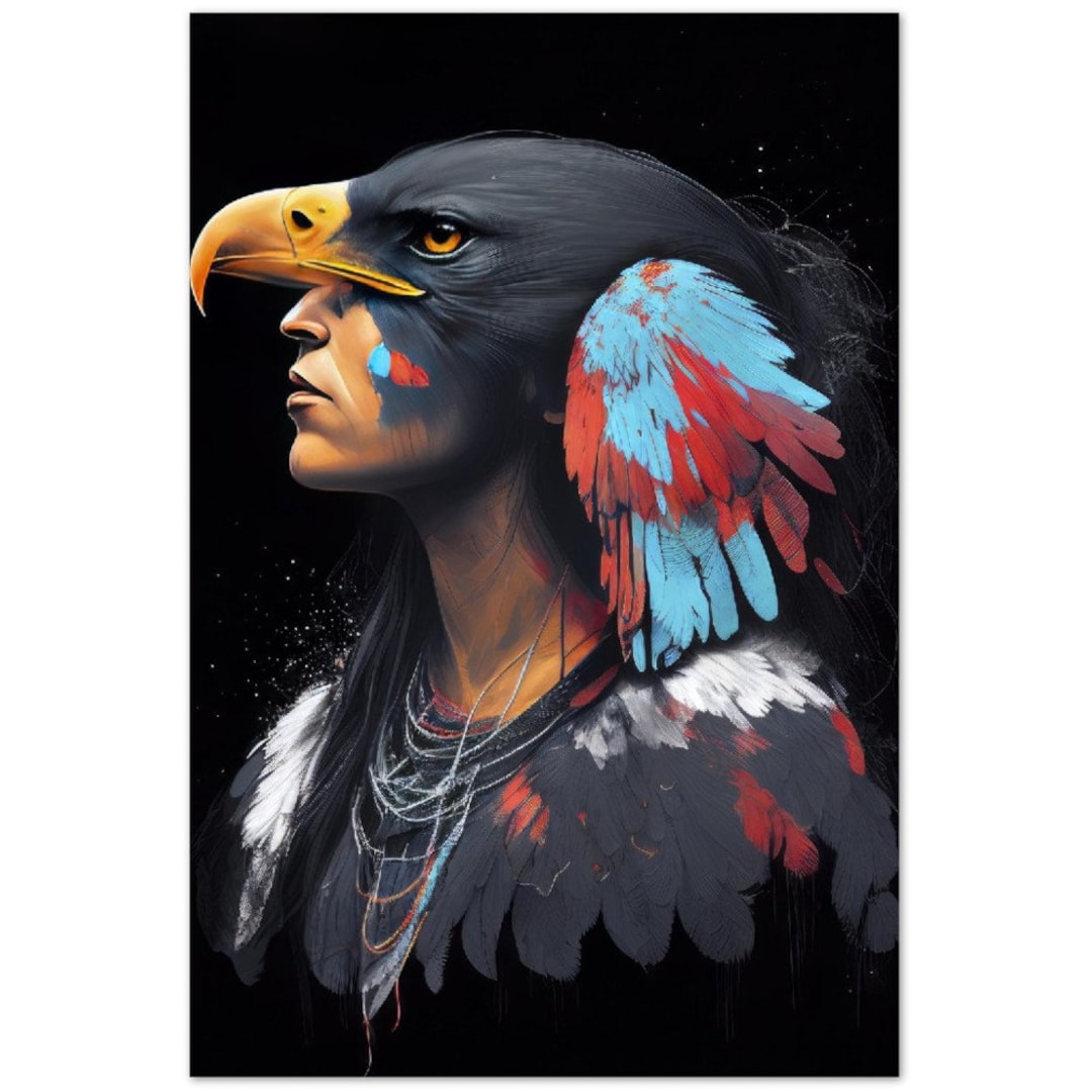 Native American With a Eagle Head in Ink Art by Peter Ruebsamen - Etsy