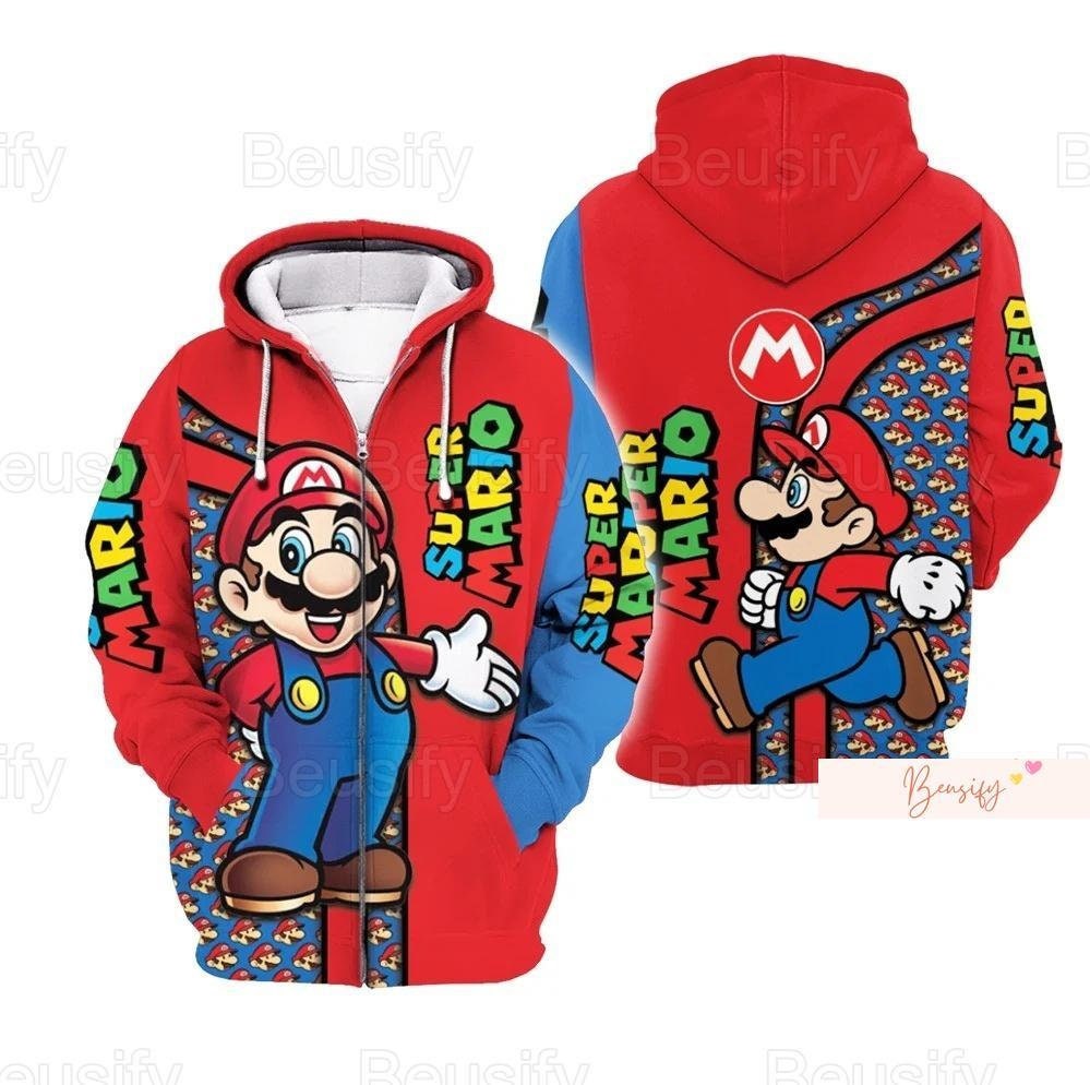 Super Mario Hoodie, Super Mario Zip Hoodie, Mario Game Hoodie, Mario ...