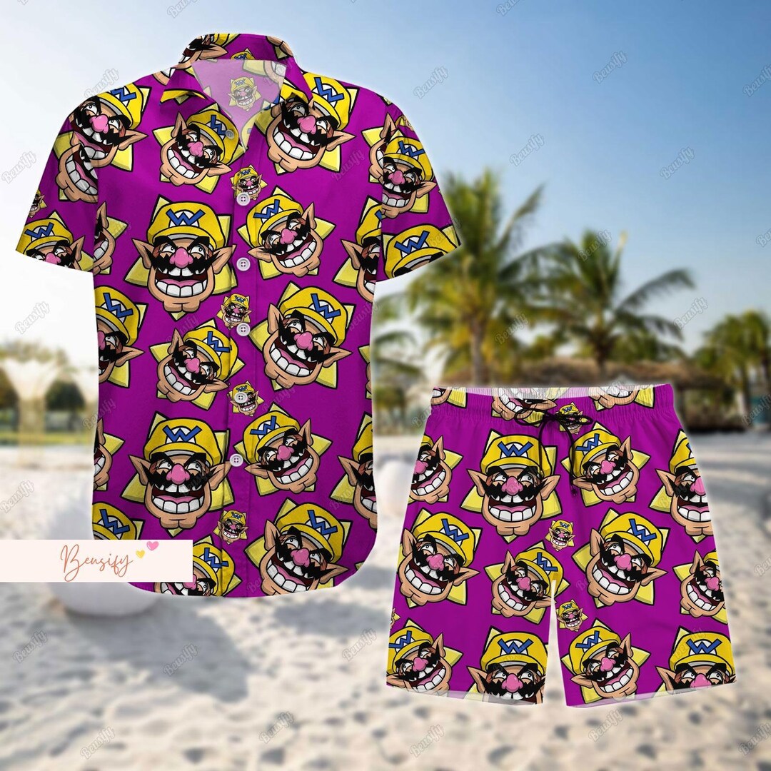 Wario Button Shirt/shorts, Super Mario Wario Hawaiian Shirt, Super ...