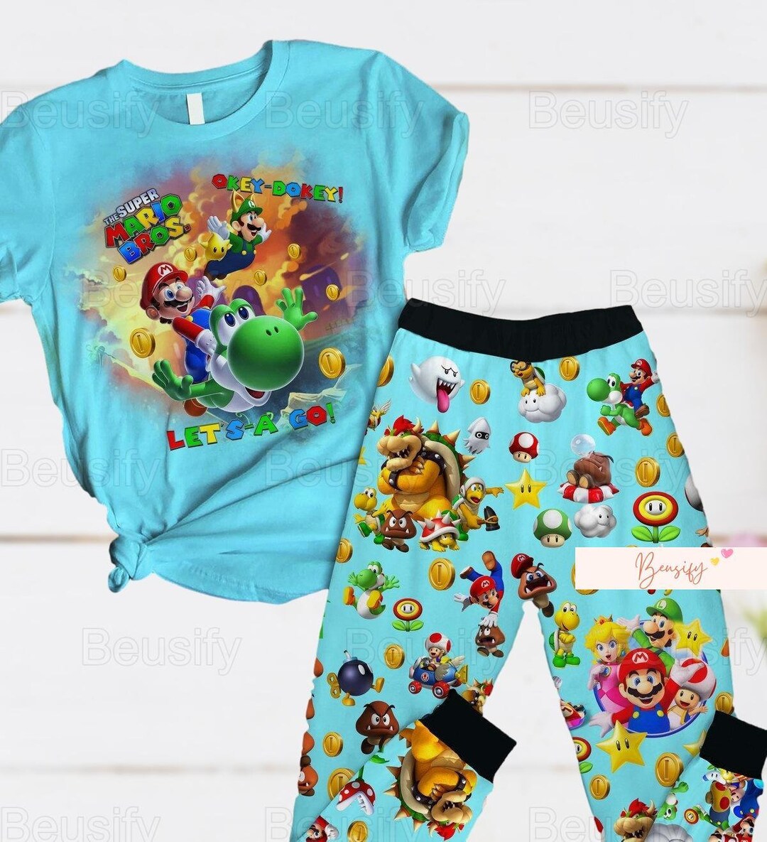 Super Mario Pajamas Set, Super Mario Bros Pajamas, Super Mario T-shirt ...