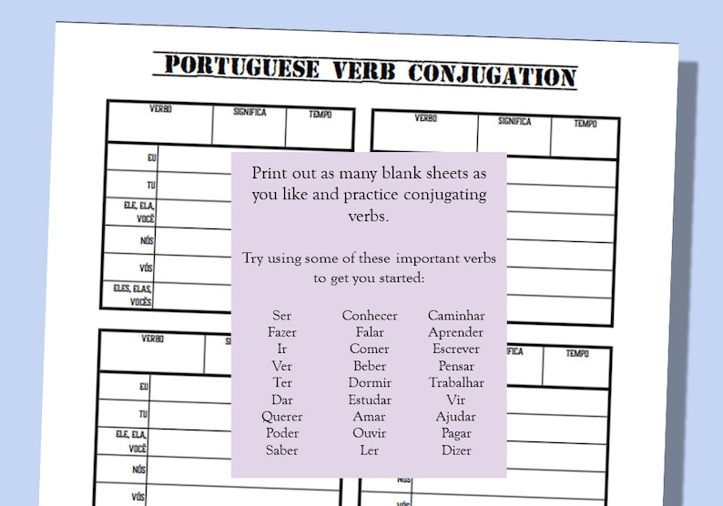 Portuguese Verb Conjugation Cards, Download Printable PDF Pages, Study ...