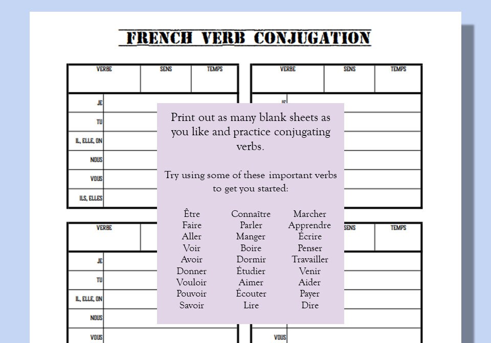 French Verb Conjugation Cards, Download Printable PDF Pages, Study ...