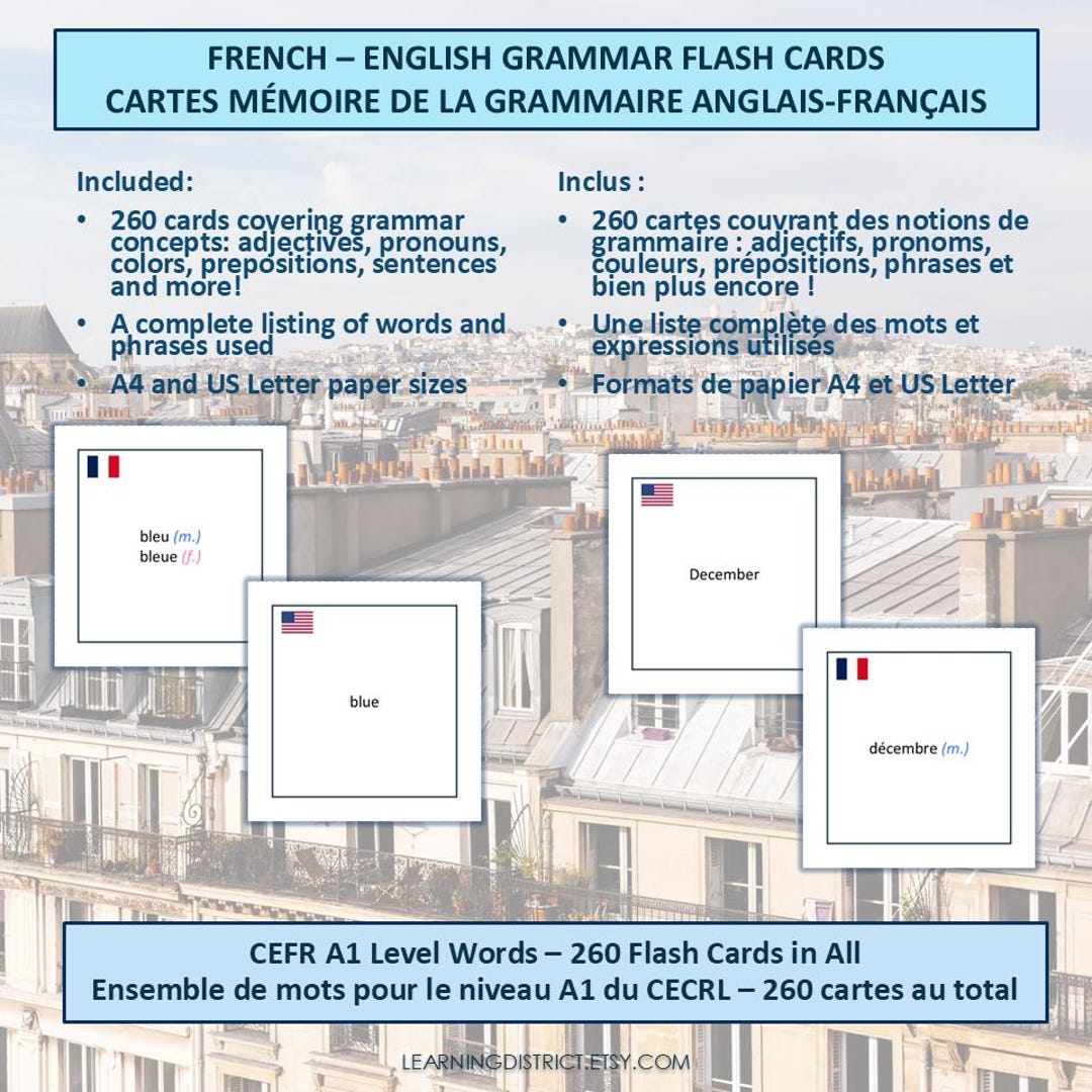 French English Grammar Flashcards (A1 Level) - Etsy