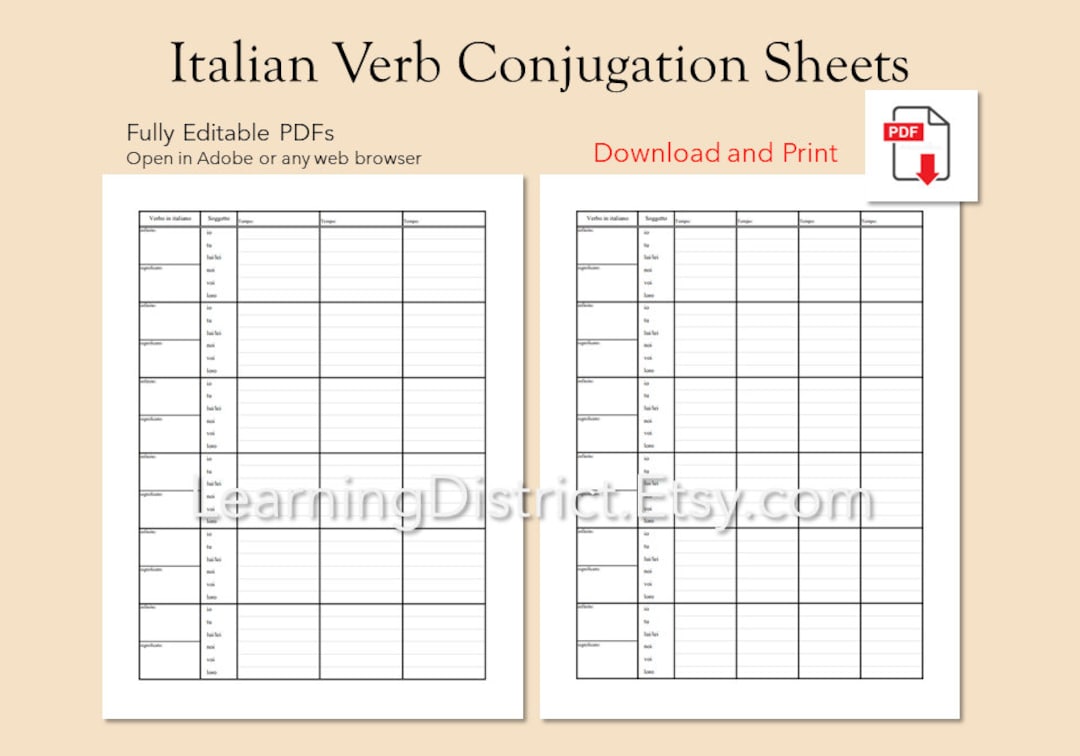 Italian Verb Conjugation Sheets - Download Printable PDF Pages, Study ...