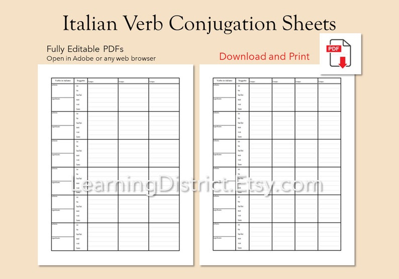 Italian Verb Conjugation Sheets Download Printable PDF Pages, Study ...