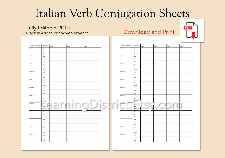 Italian Verb Conjugation Sheets Download Printable PDF Pages, Study ...