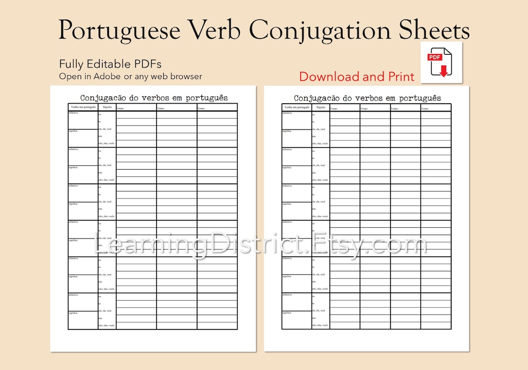 Portuguese Verb Conjugation Sheets – Printable Language Study (PDF) - Etsy