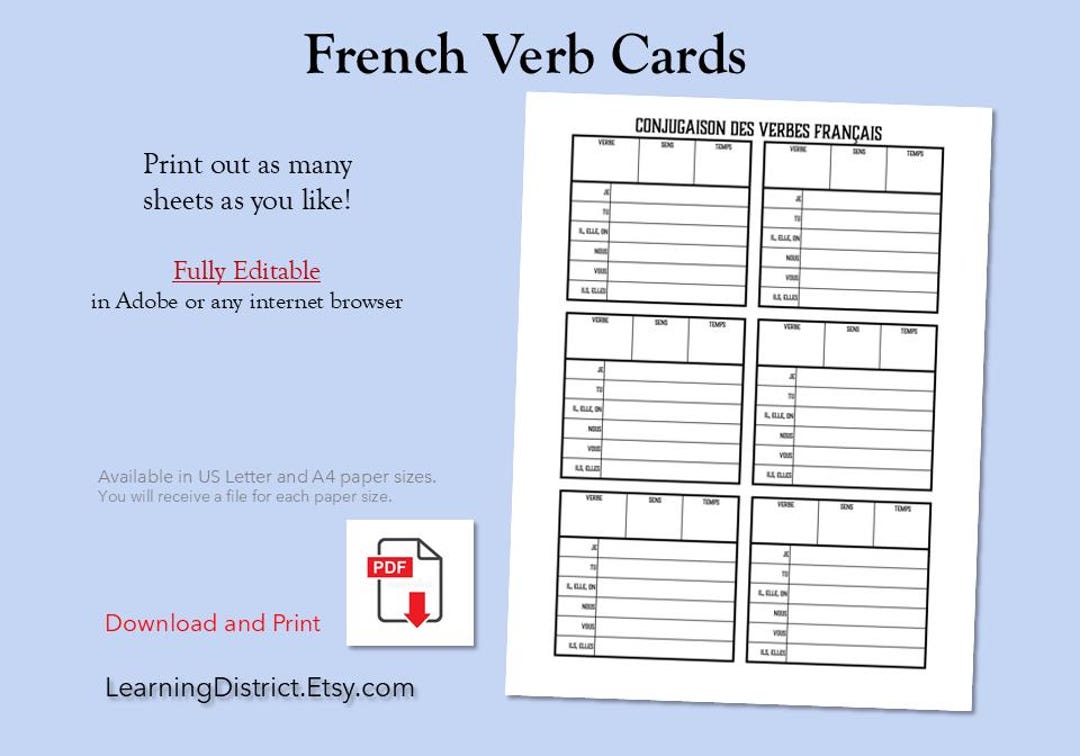French Verb Conjugation Cards, Download Printable PDF Pages, Study ...