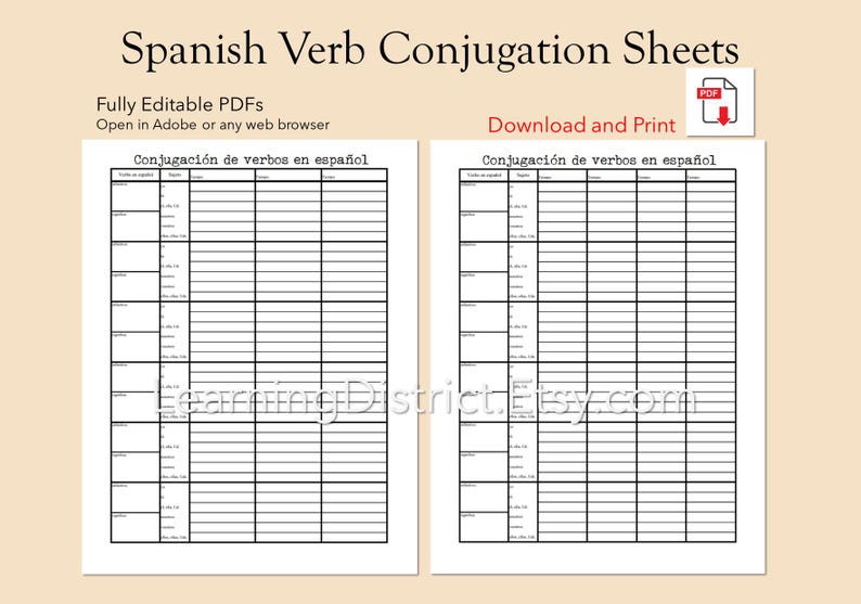 Spanish Verb Conjugation Sheets – Printable Language Learning (PDF) - Etsy