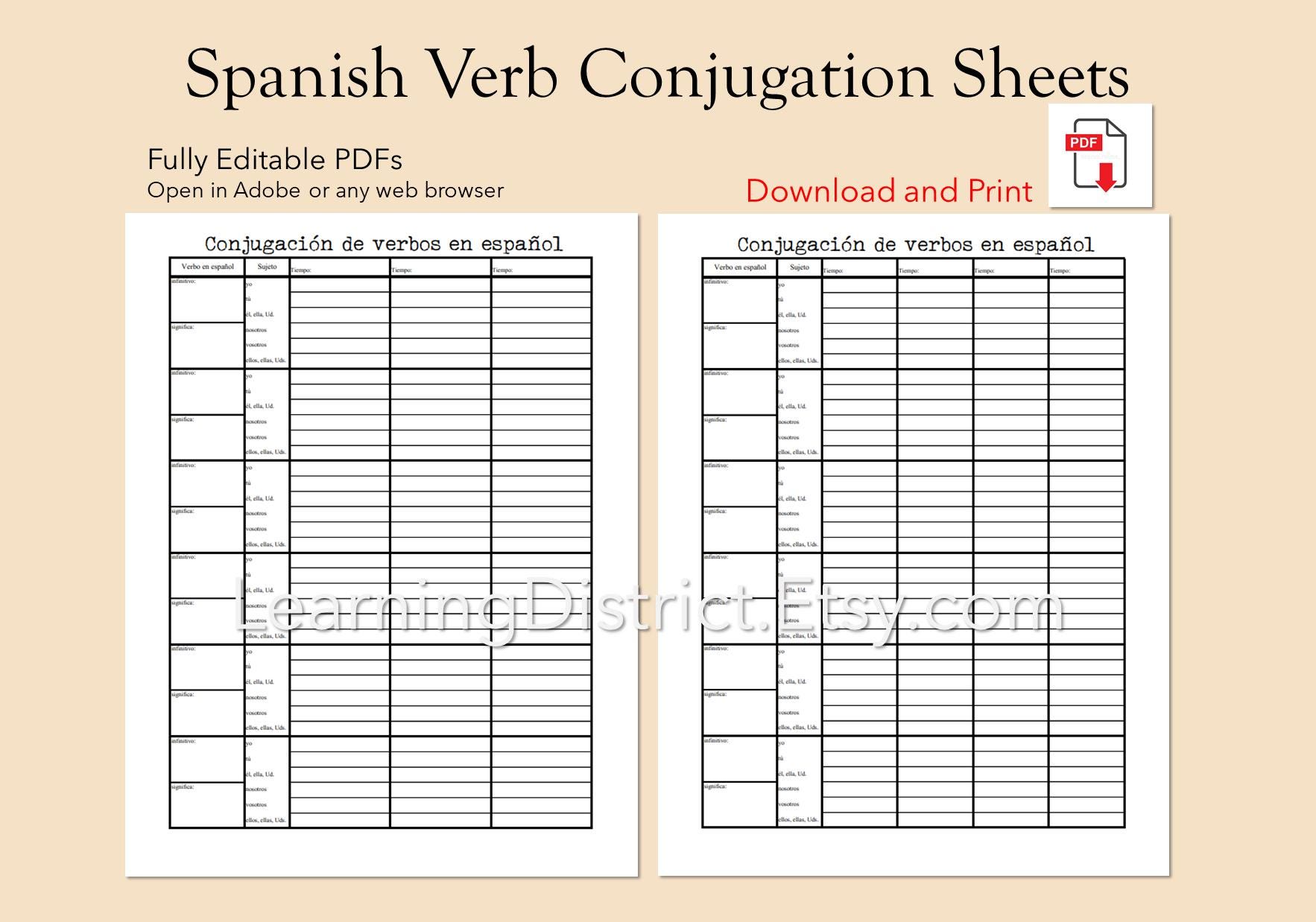 Spanish Verb Conjugation Sheets - Download Printable PDF Pages, Study ...