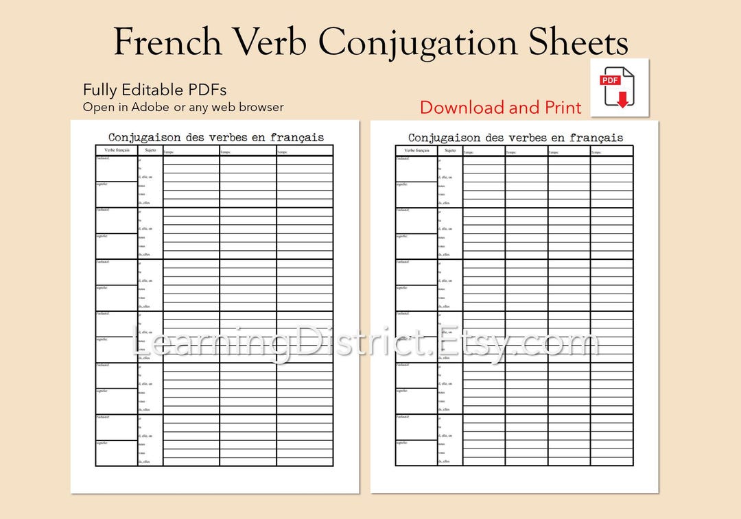 French Verb Conjugation Sheets - Download Printable PDF Pages, Study ...