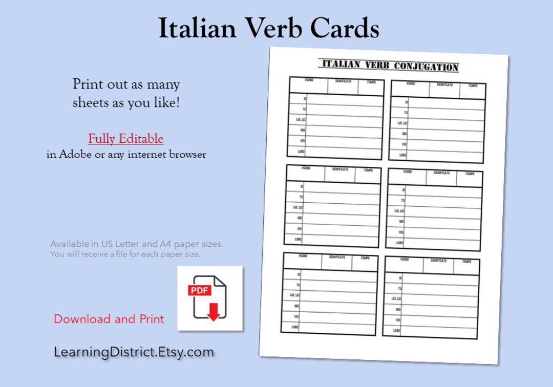 Italian Verb Conjugation Cards, Download Printable PDF Pages, Study ...