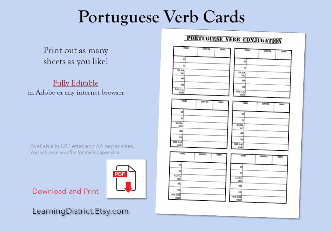 Portuguese Verb Conjugation Cards, Download Printable PDF Pages, Study ...