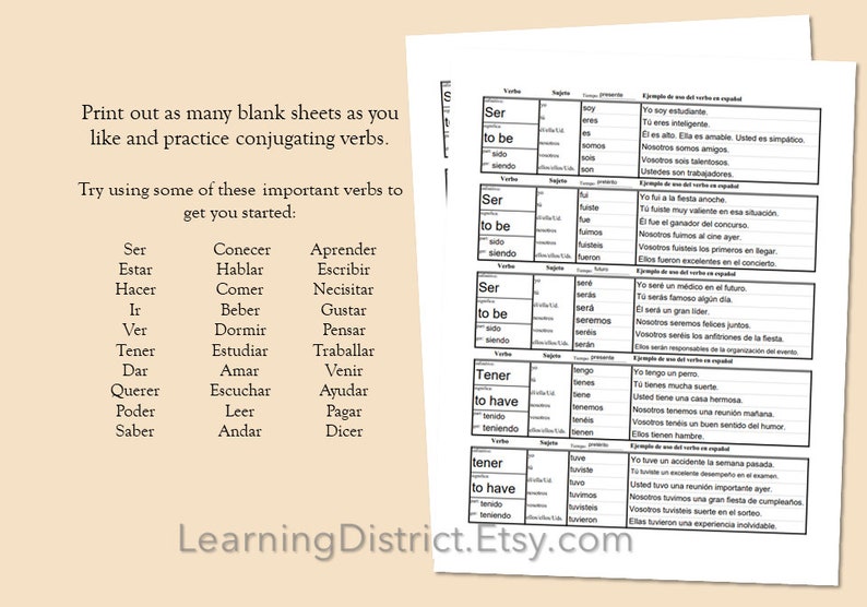 Spanish Verb Practice Sheets, Download Printable PDF Page, Study ...