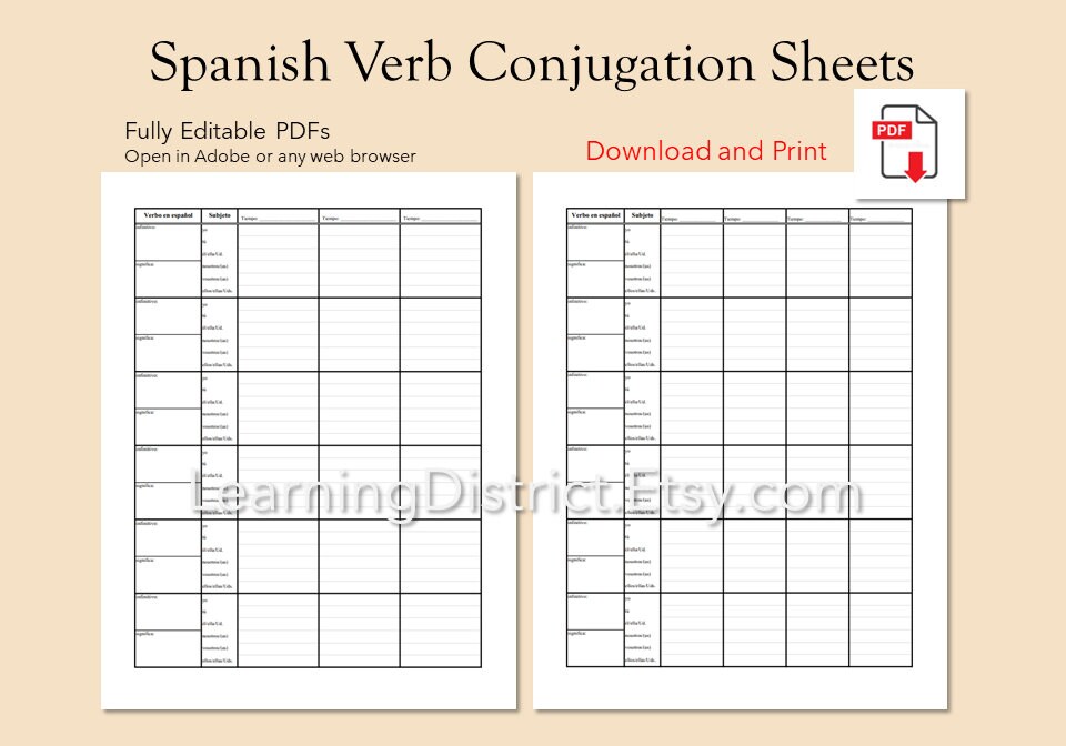 Spanish Verb Conjugation Sheets - Download Printable PDF Pages, Study ...