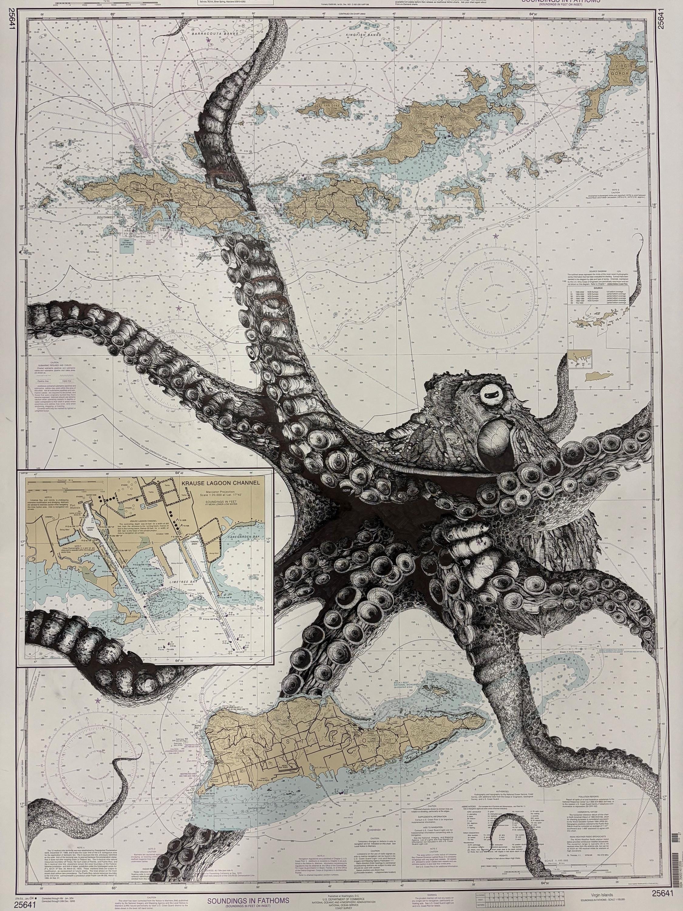 Virgin Islands Nautical Chart Octopus Art: Ink Drawing - Etsy