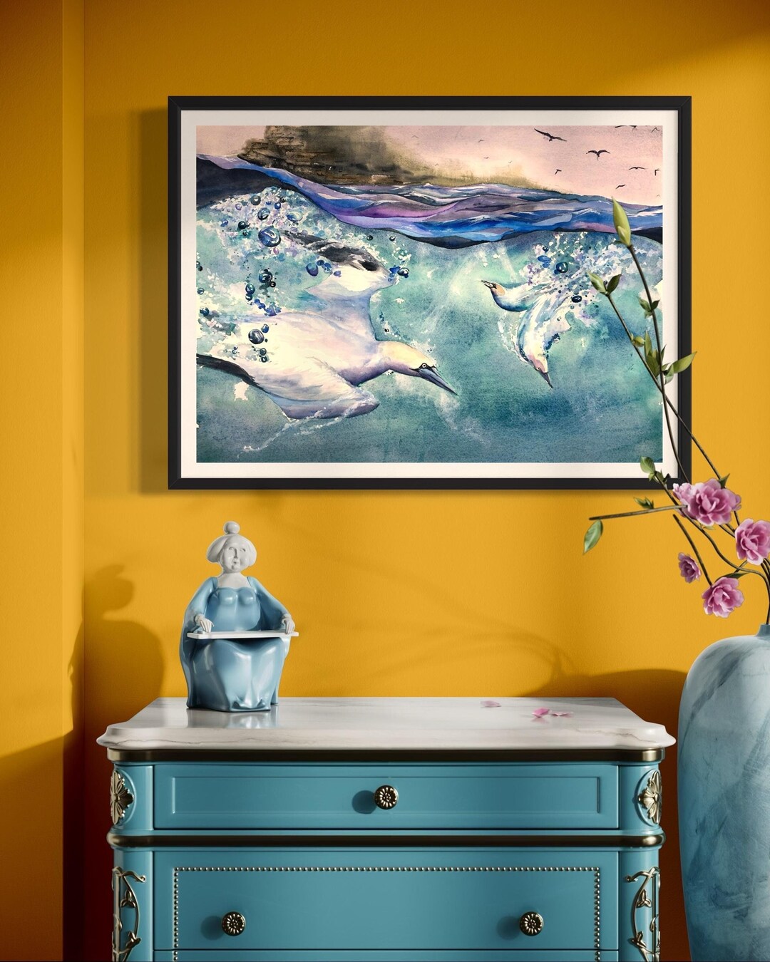 Gannet Birds Diving Art Print – Original Watercolor of Sea Birds in ...