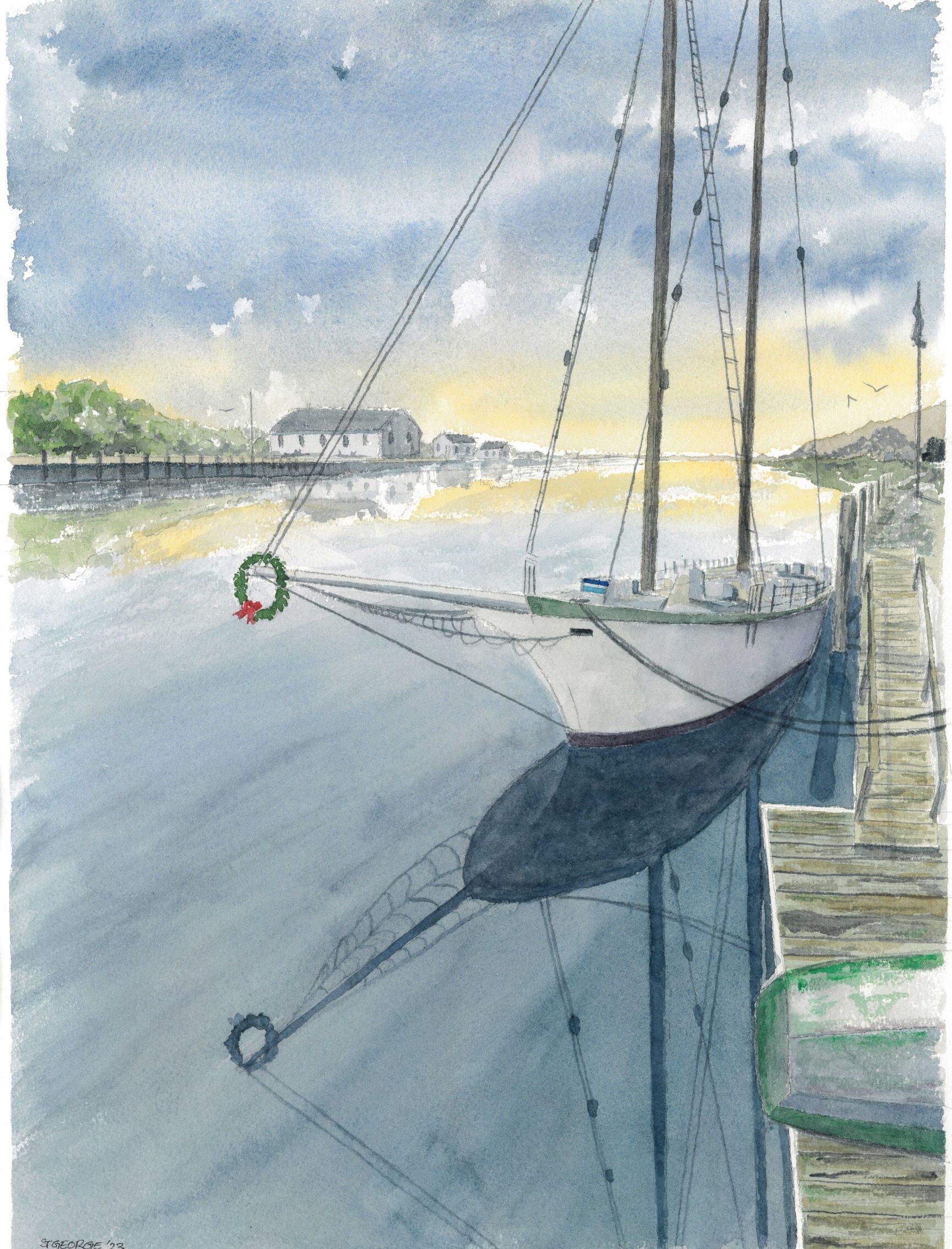 Argia Schooner of Mystic Connecticut in Harbor Original Watercolor or ...