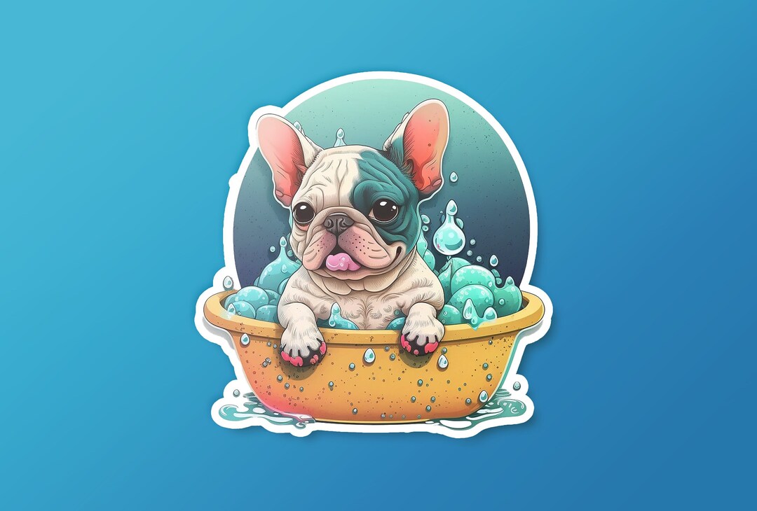 Frenchie Taking a Bath Vinyl Sticker, French Bulldog Laptop Sticker ...