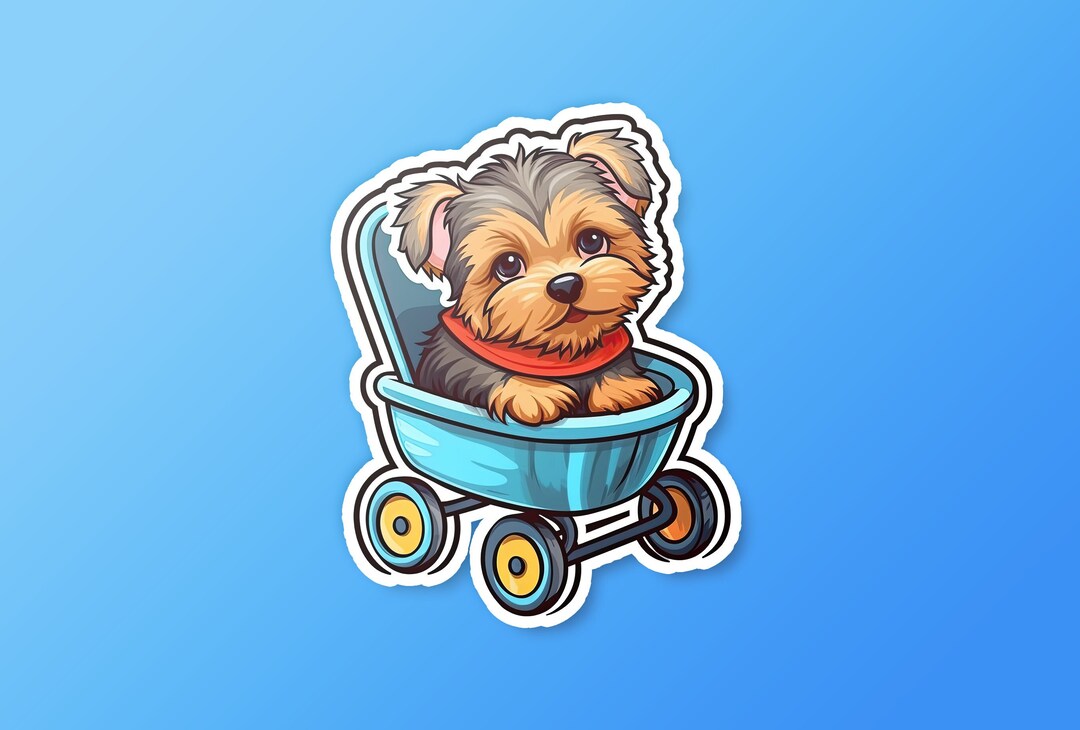 Yorkie in a Baby Stroller Vinyl Sticker, Cute Yorkie Sticker Adorable ...