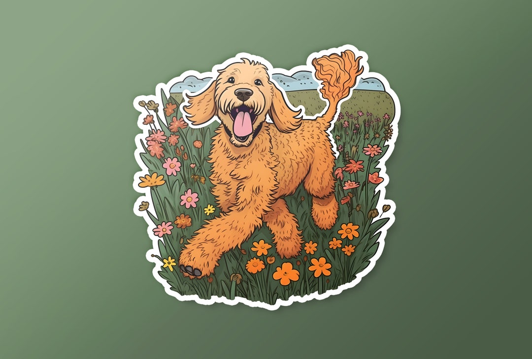 Happy Goldendoodle Frolicking Through a Field of Wildflowers Vinyl ...