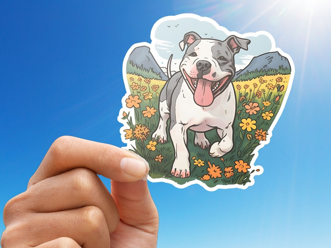 Happy Pit Bull Sticker Pit Bull in Wildflowers Cartoon Decal Dog Lover ...