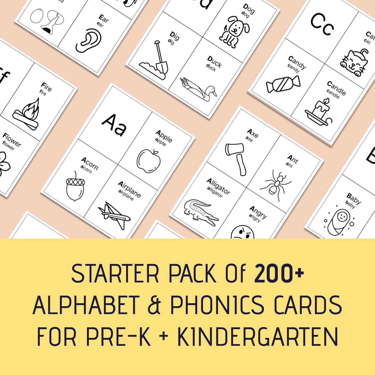 200+ B&W Printable Montessori Preschool Phonics Alphabet Cards for ...