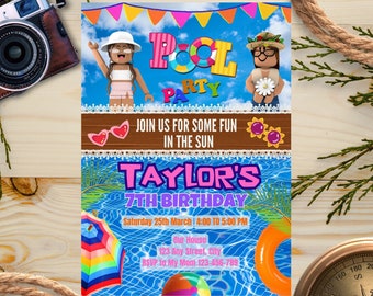 Roblox Pool Party Invitation, Girls Birthday, Editable Canva Template ...