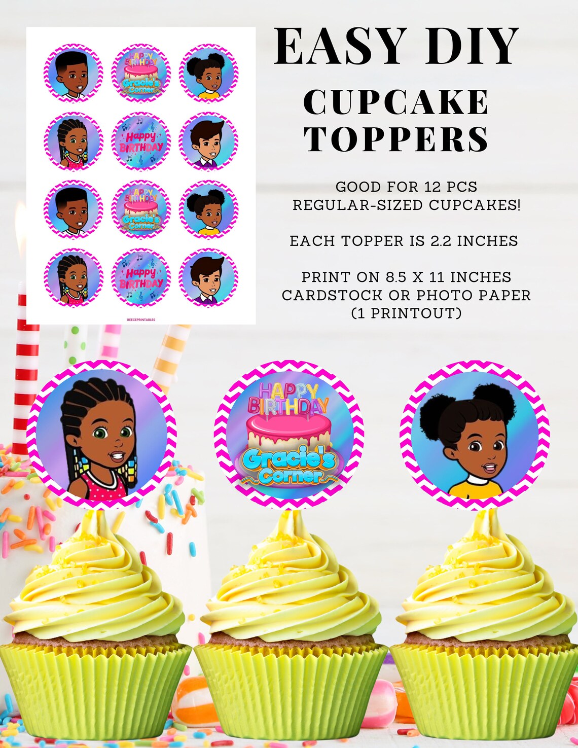 Gracie's Corner Birthday Cake Topper: Customizable Cupcake Toppers ...