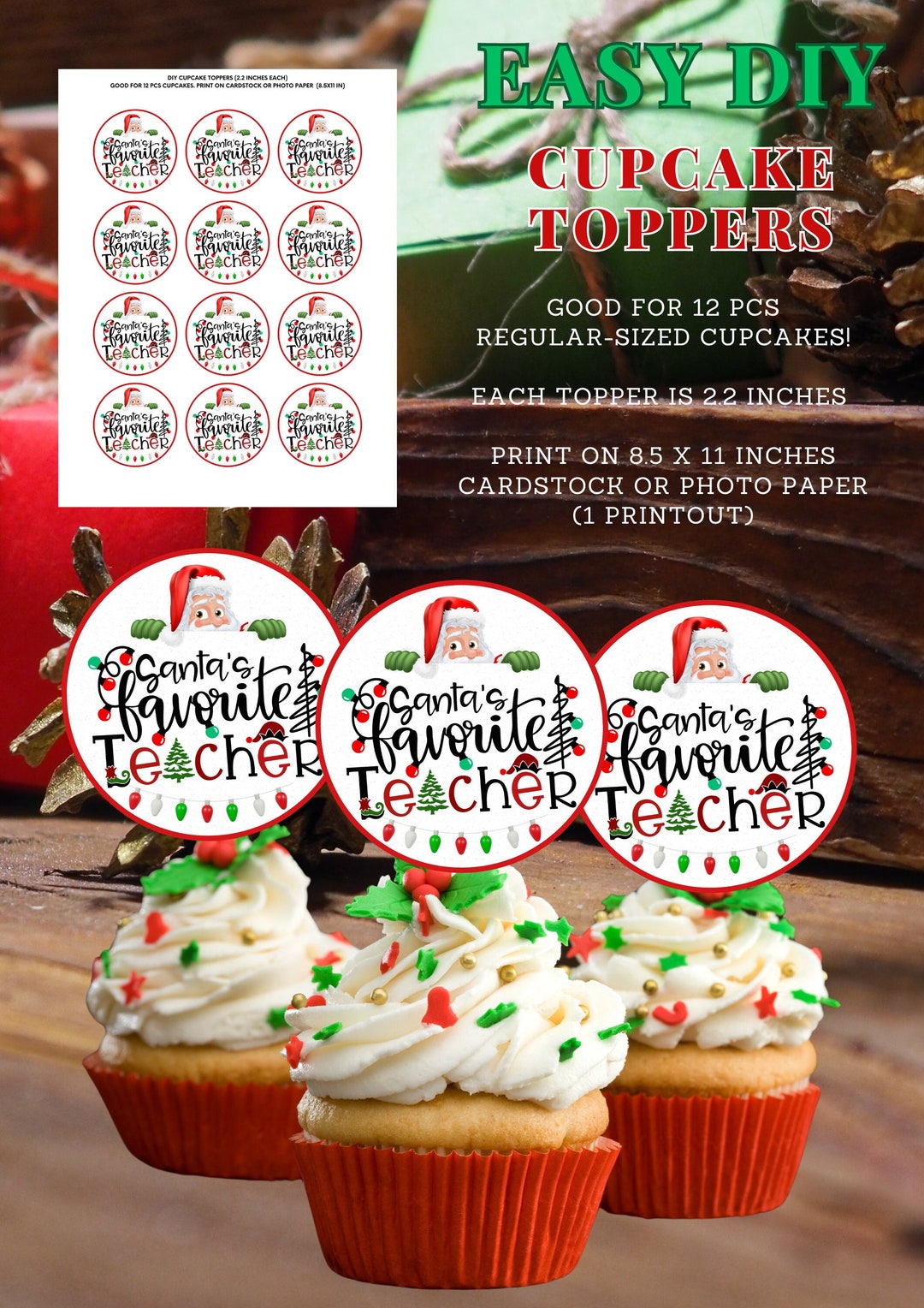 Santa's Favorite Teacher Cupcake Toppers (digital Download) - Etsy