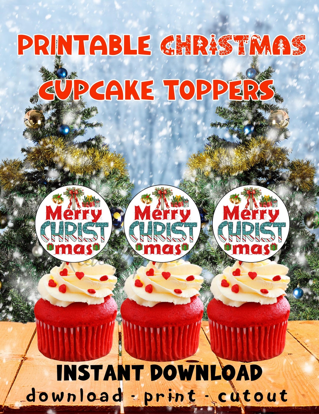 Christmas Cupcake Toppers, Merry Christmas Cupcake Toppers, Digital ...