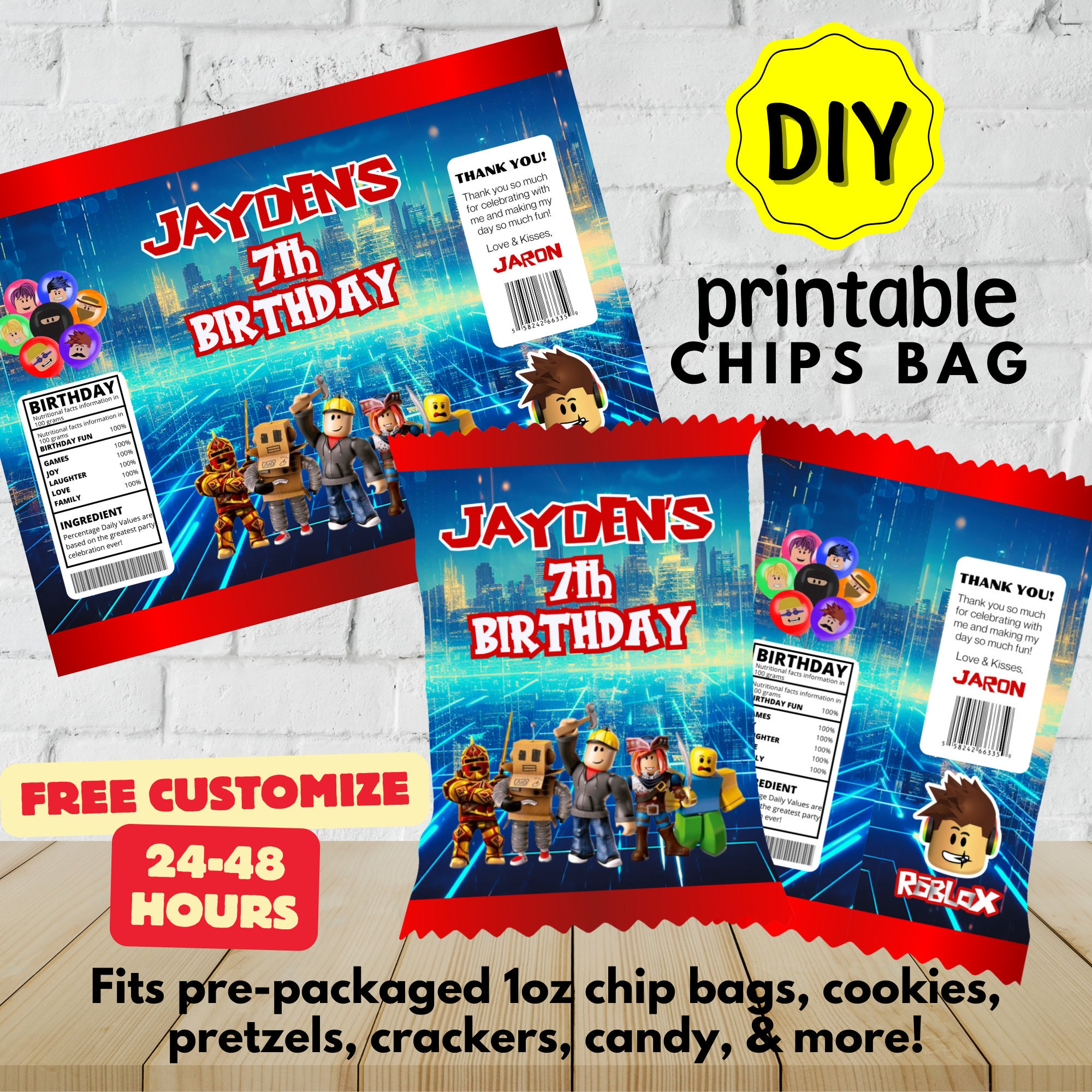 Custom Roblox Birthday Party Labels: Chips, Juice, Water (digital ...