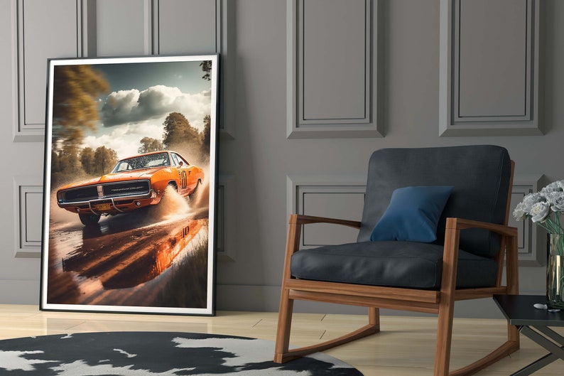 Car Lovers - Vintage Car Poster - Dodge Charger on the Road - Wall Art ...
