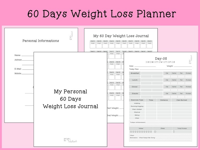 Weight Loss Tracker 60 Days Weight Loss Planner Printable Journal ...