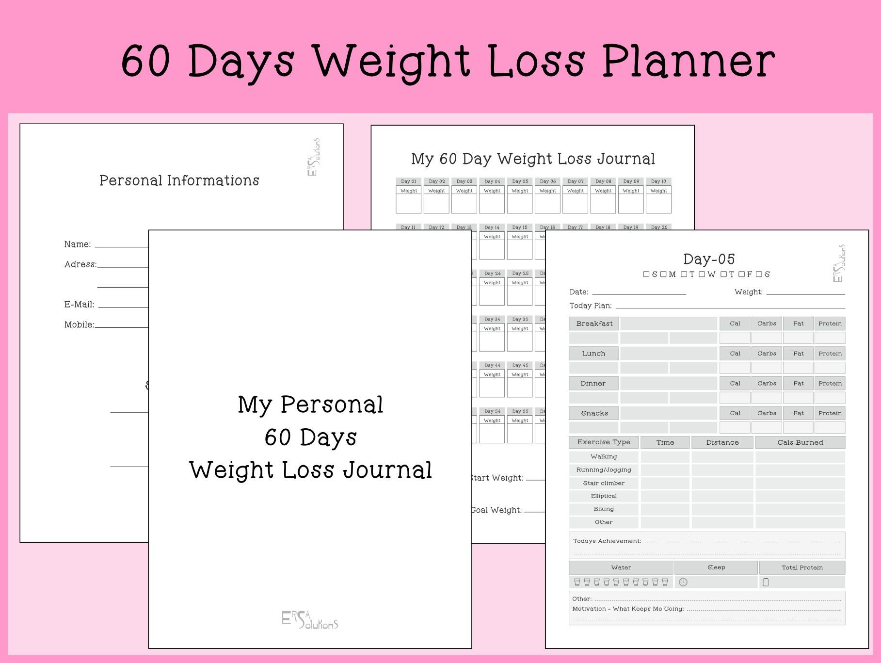 Weight Loss Tracker 60 Days Weight Loss Planner Printable Journal ...