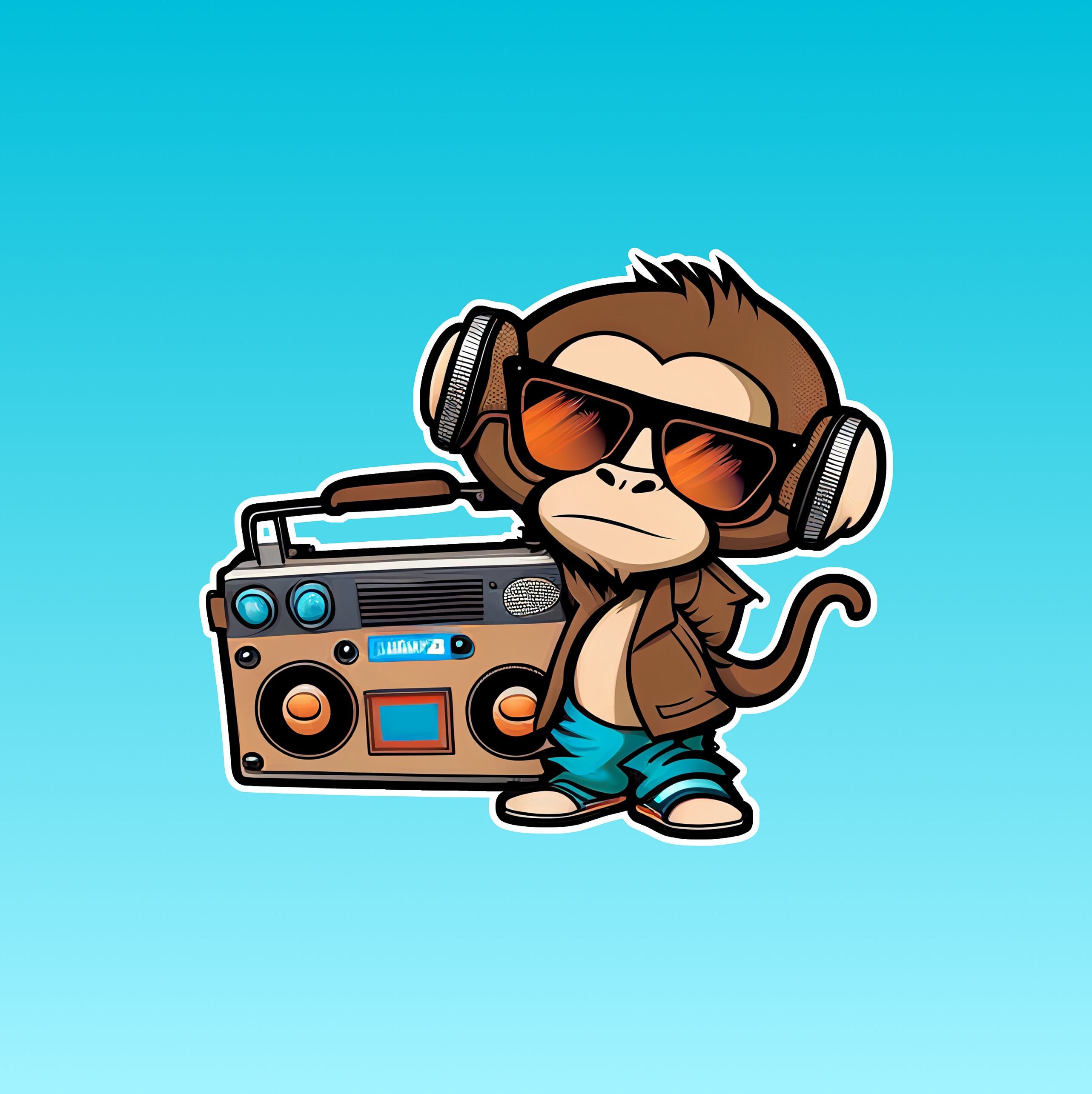 Monkey Sticker With Boombox and Sunglasses Fun Vinyl Decal for Laptops ...