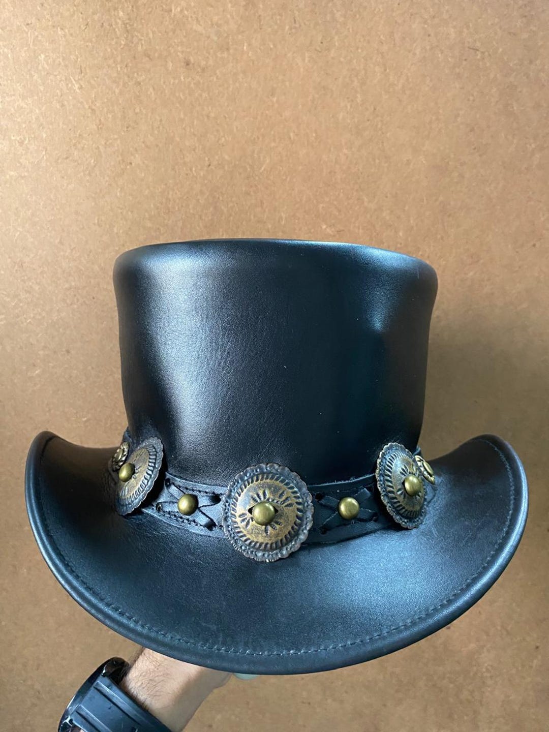 Handcrafted Black Leather Top Hat With Conchos Band Gothic Steampunk ...