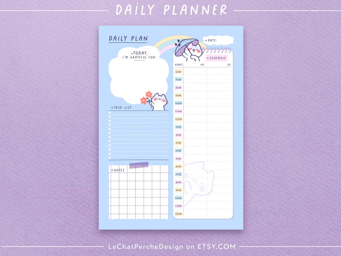 Kawaii Daily, Weekly and Monthly Blue Planner, Digital Timetable, Cute ...